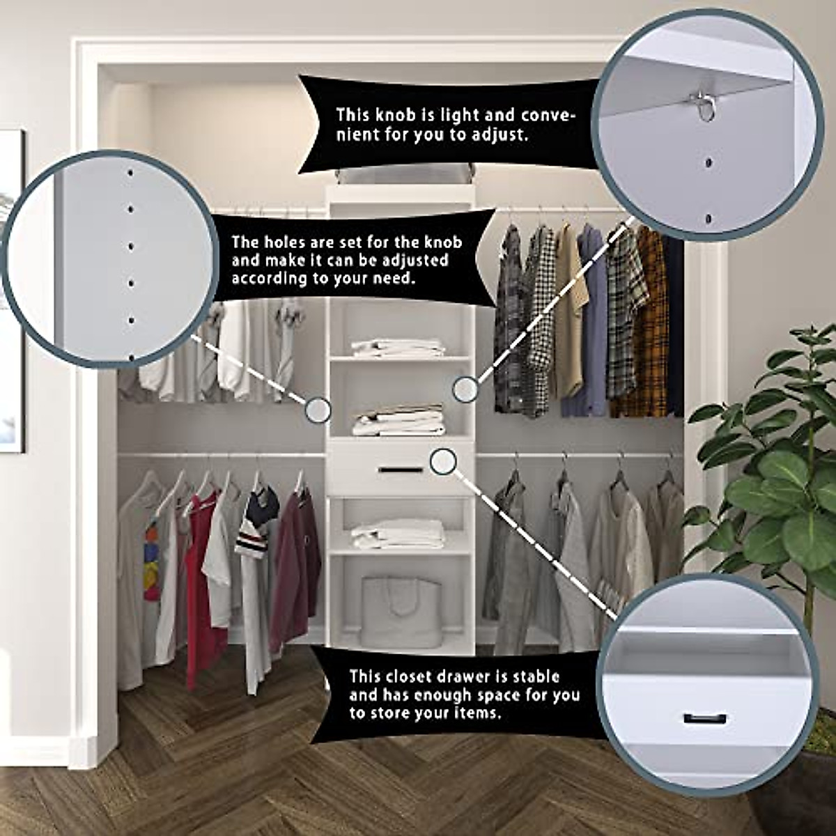 SOLRIG Closet System Tower Kits, Including Clothes Rack Shelves, Organizer Kits, Rods Can Be Cut and One Drawer, Manufactor Wood with White Color for Bedroom and Closet Room.