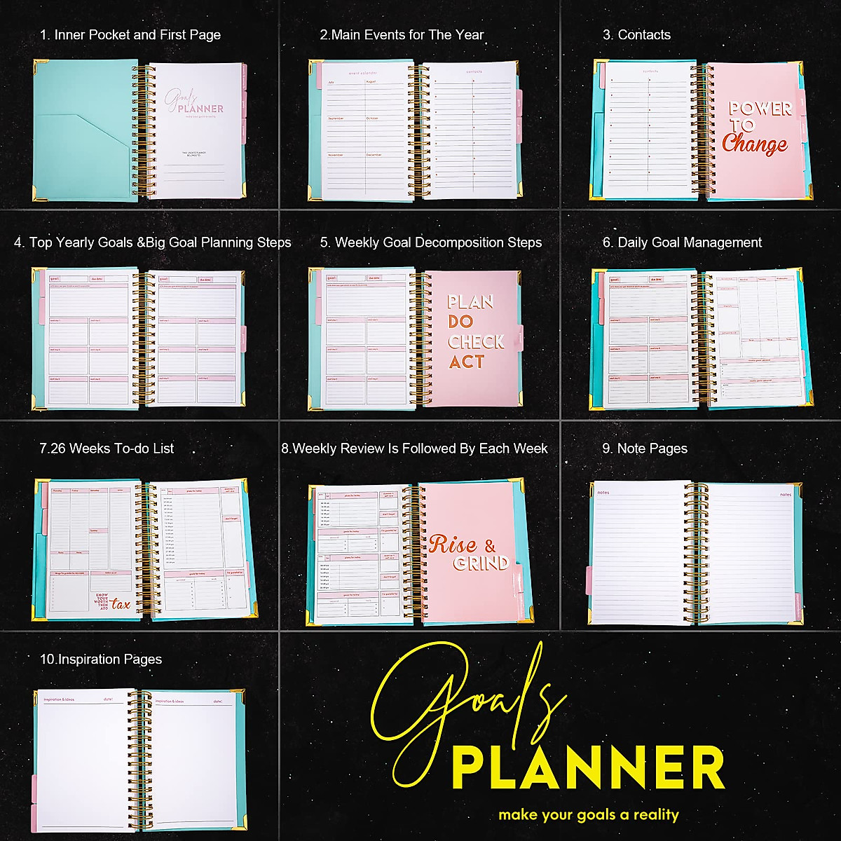 A5 Undated Daily Weekly Monthly Diary Journal Planner Agenda Notebook-Make Your Goals a Reality -Gratitude & Goals 6 Month Hardcover Spiral Bound Journal