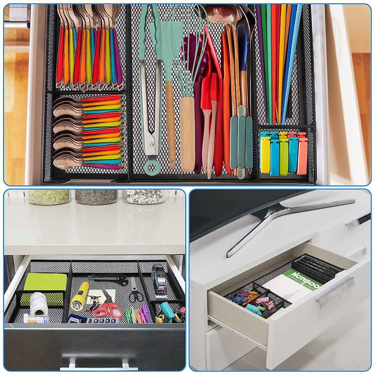 EsOfficce Desk Drawer Organizer Tray with Adjustable Compartments, 6 Grid Metal Mesh Drawer, Multi-use Desk Organizer Storage Box Set for Office,Home,School Supplies, 12.6X9X1.9 inch