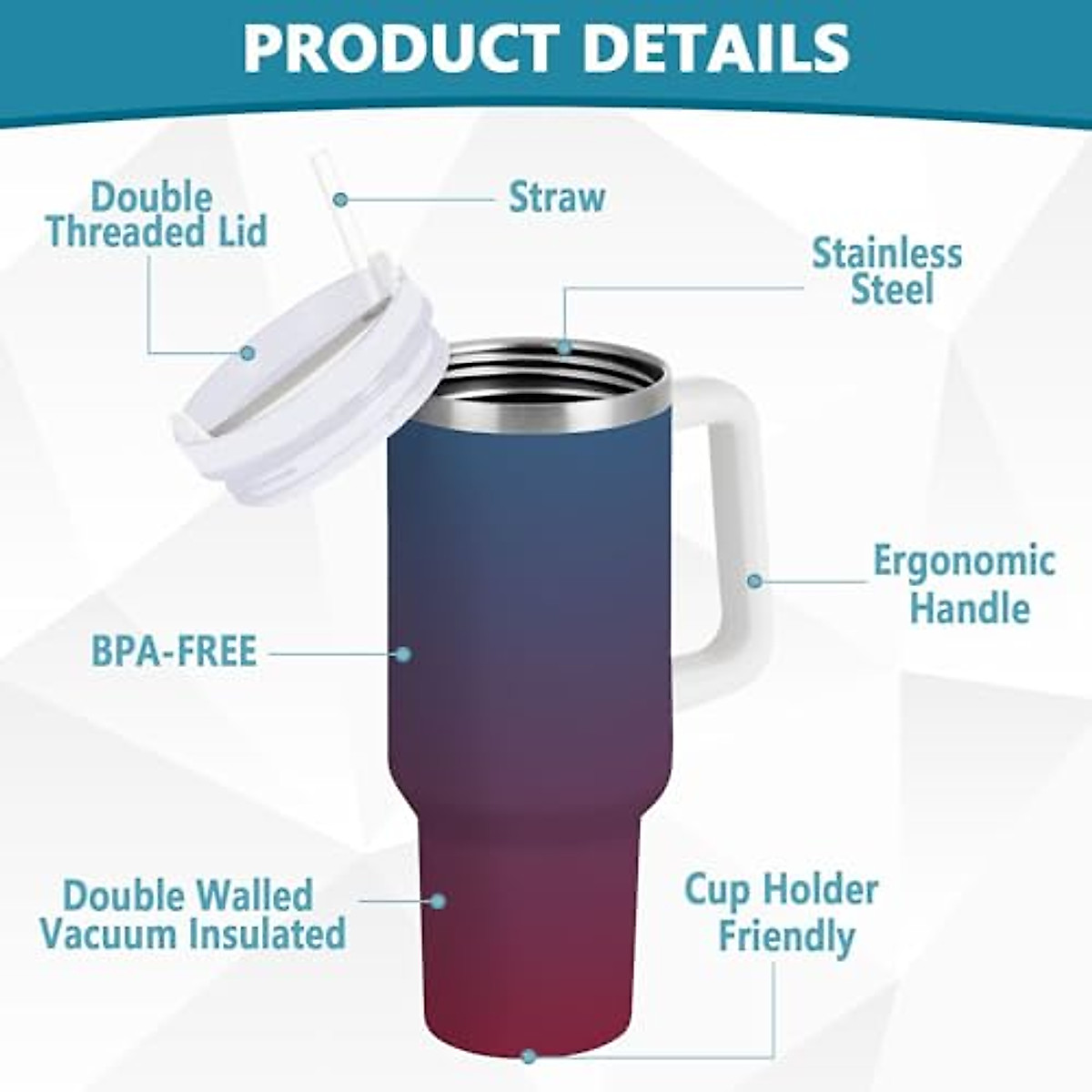 MCHIVER Blue Red Gradient 40 oz Tumbler with Handle and Straw Stainless Steel Vacuum Water Bottle Leak-proof Travel Coffee Mug Insulated Tumbler for Home Car Office