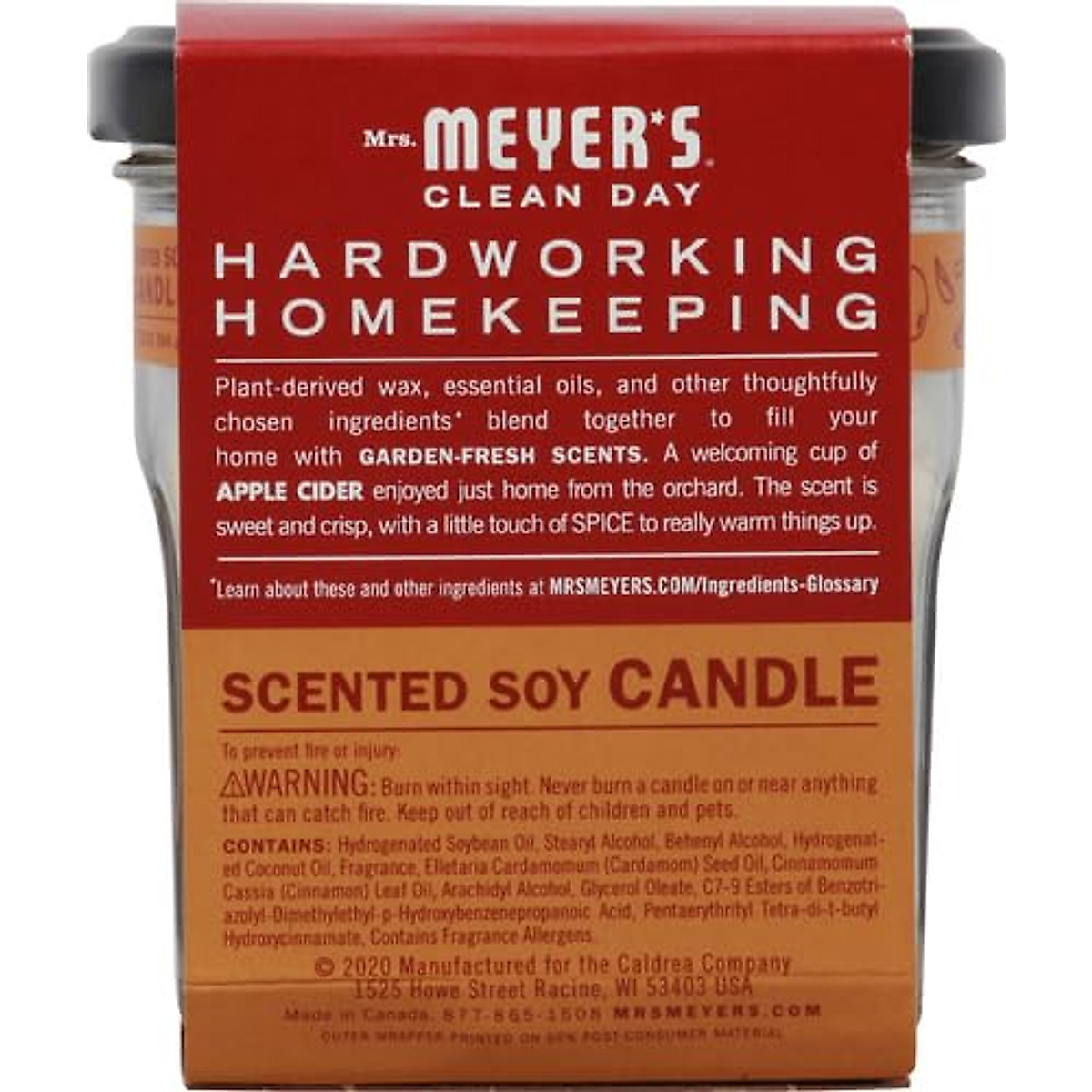 MRS. MEYER'S CLEAN DAY, Scented Soy Aromatherapy Candle, 35 Hour Burn Time, Made With Soy Wax And Essential Oils, Apple Cider, 7.2 Ounce