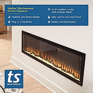 Touchstone Sideline Elite Smart 50” WiFi-Enabled Electric Fireplace - in-Wall Recessed - 60 Color Combinations - 1500/750 Watt Heater (68-88°F Thermostat) - Black - Log, Crystals & Driftwood - 80036