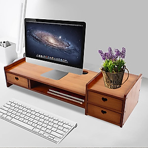 DNYSYSJ Computer Monitor Stand,27L*9W*7H,Laptop Stand Shelf w/2 Drawer,Bamboo Computer Riser,Office Desktop Laptop Support Shelf Organizer for PC Screen/TV Stand