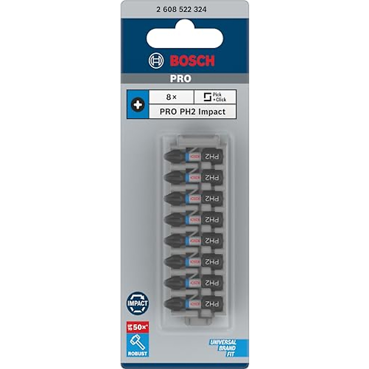 Bosch 2608522324 Screwdriver Bit Set, 8 Pieces, Hex Shaft 0.25 inches (6.35 mm), Groove Shank 0.4 inches (9 mm), PH2 x 25 mm)