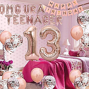 13th Birthday Decorations for Girl Rose Gold, OMG UR A Teenager Balloons Birthday Banner Number 13 Birthday Foil Balloons Confetti Balloons for 13 Years Old Birthday Girls