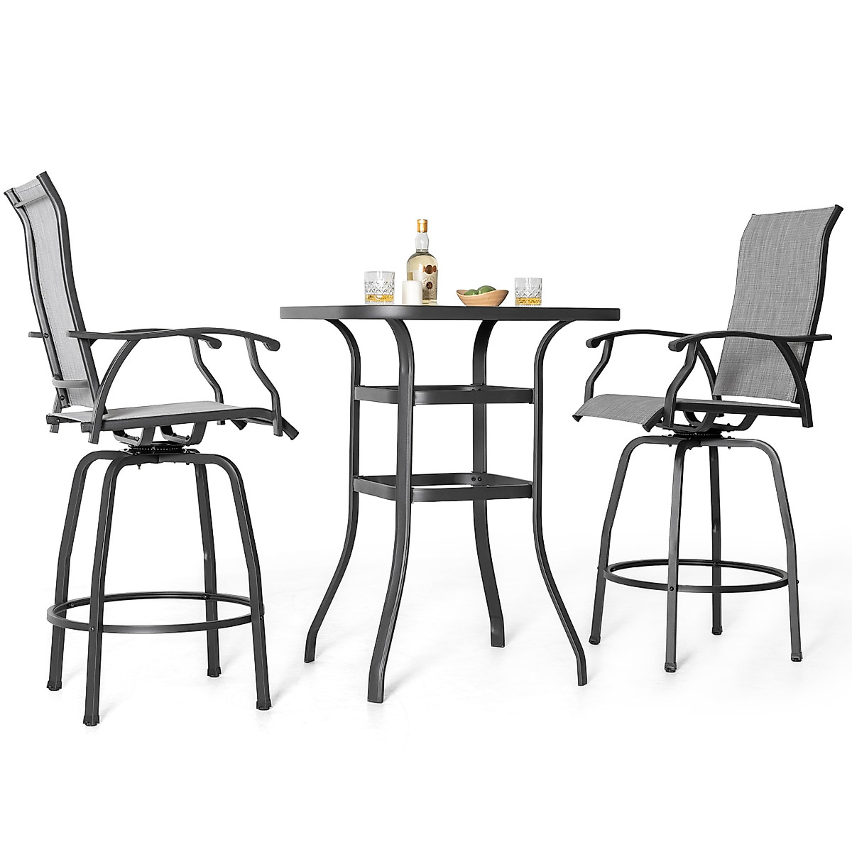 NUU GARDEN 3 Piece Outdoor Patio Bar Set, Patio Bar Furniture Set, Outdoor Tempered Glass Square Bar Table and Textilene Swivel High Backrest Bar Stools for Patio, Garden, Backyard, Gray and Black