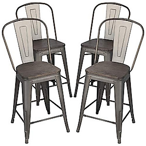 Topeakmart Set of 4 Gunmetal Wooden Seat 24 Inch Counter Height Metal Bar Stools Kitchen Chairs with High Back, Indoor/Outdoor