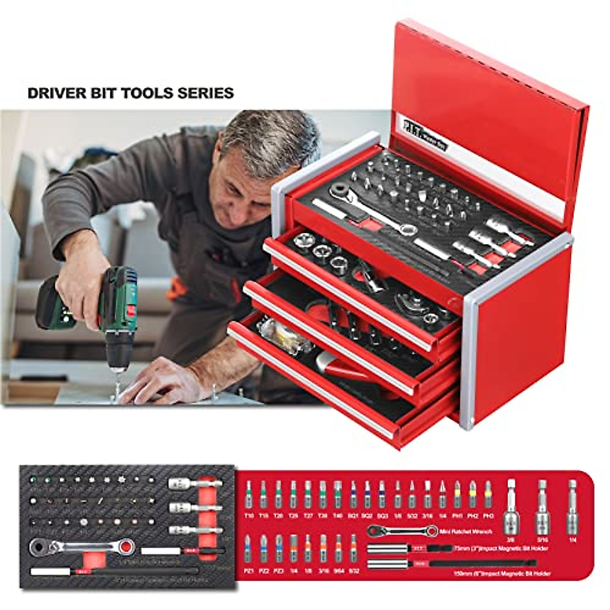 P.I.T. Portable 3 Drawer Steel Tool Box with 61-Pieces Mechanics Tool Set,Magnetic Locking, Red Hand Carry Tool Cases for Hand Tools Repair Tool Kit