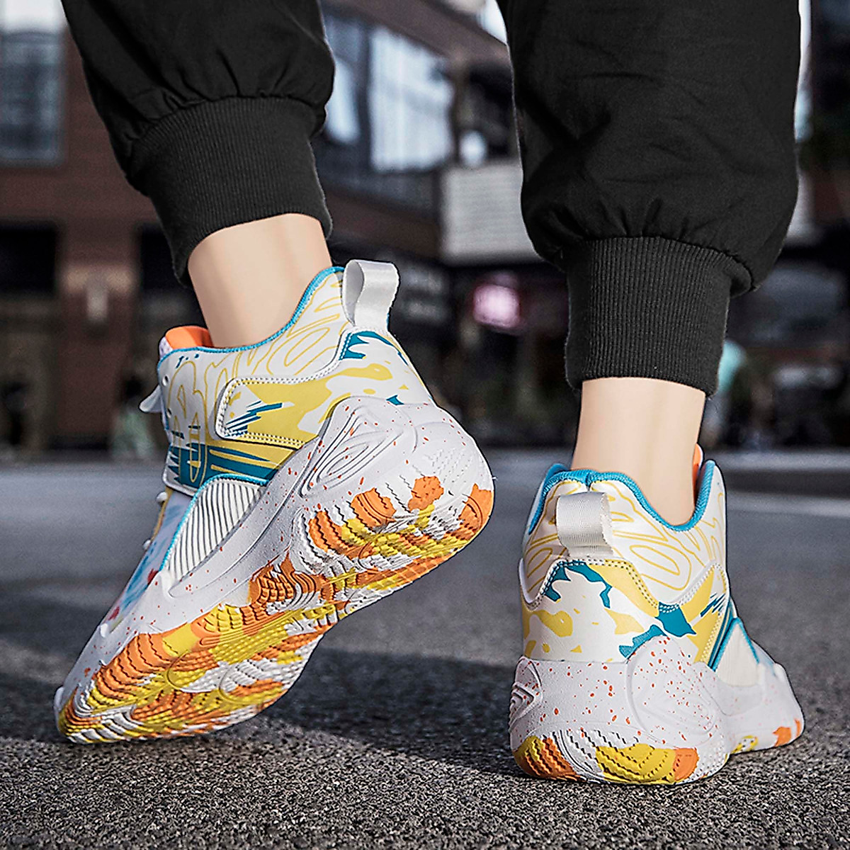 WURTON Women Men Basketball Shoes Fashion Running Sneakers Graffiti Style Sport Shoes Low-top Lace-up Breathable Combat Shoes White Orange