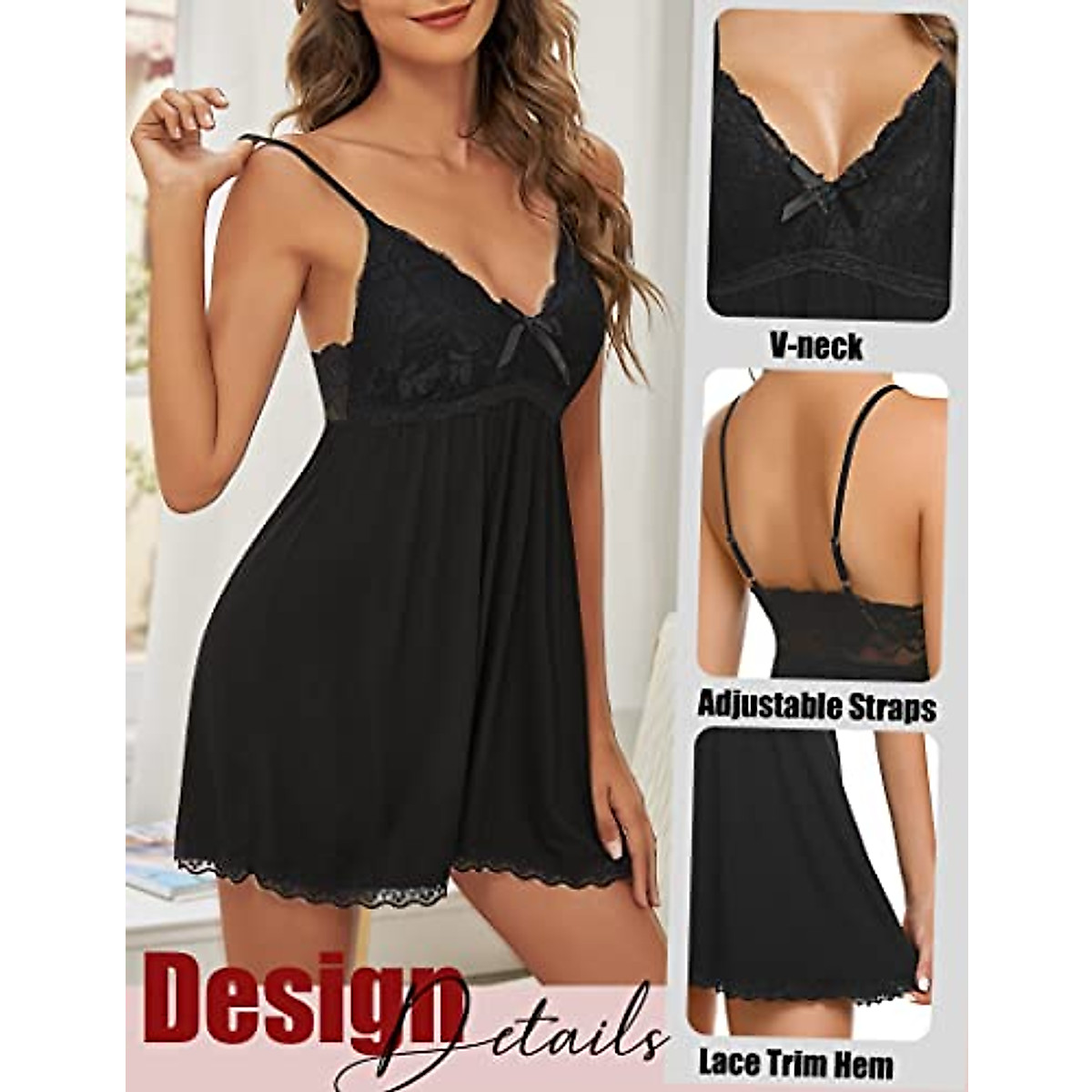 Avidlove Womens Sleepwear Lace Babydoll Sexy Chemise V-Neck Nightgown Modal Nightie(Black,L)