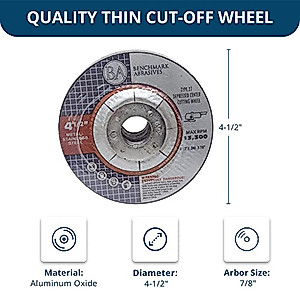 Benchmark Abrasives 4-1/2" Aluminum Oxide Depressed Center Thin Cut Off Wheel .040" Thick 7/8"Arbor, Metal Cutting Grinding Wheel, Angle Grinding Cutting Wheel - 50 Pack