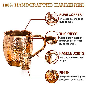 Moscow Mule Copper Mugs - Set of 4-100% HANDCRAFTED Solid Copper Mugs, Gift set with 4 Copper Straws, 1 Stirring Spoon, 1 Copper Shot Glass, 1 Straw Cleaning Brush.