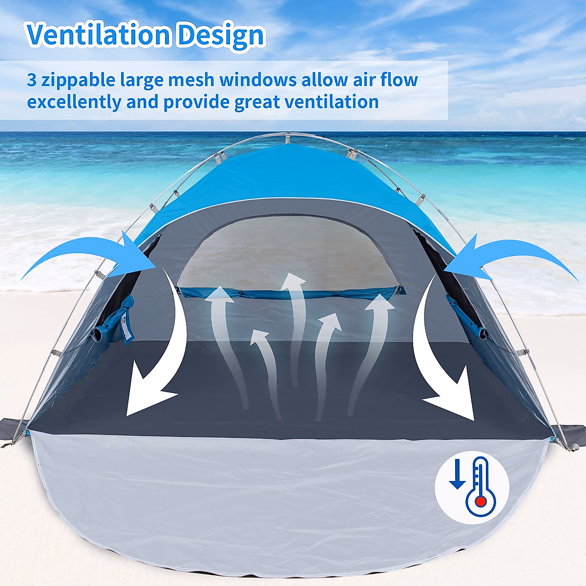 Night Cat Beach Tent Portable Camping Sun Shade Shelter for 2-4 Persons with UV Protection 3 Breathable Mesh Windows Extended Tent Floor Easy Set Up Outdoor