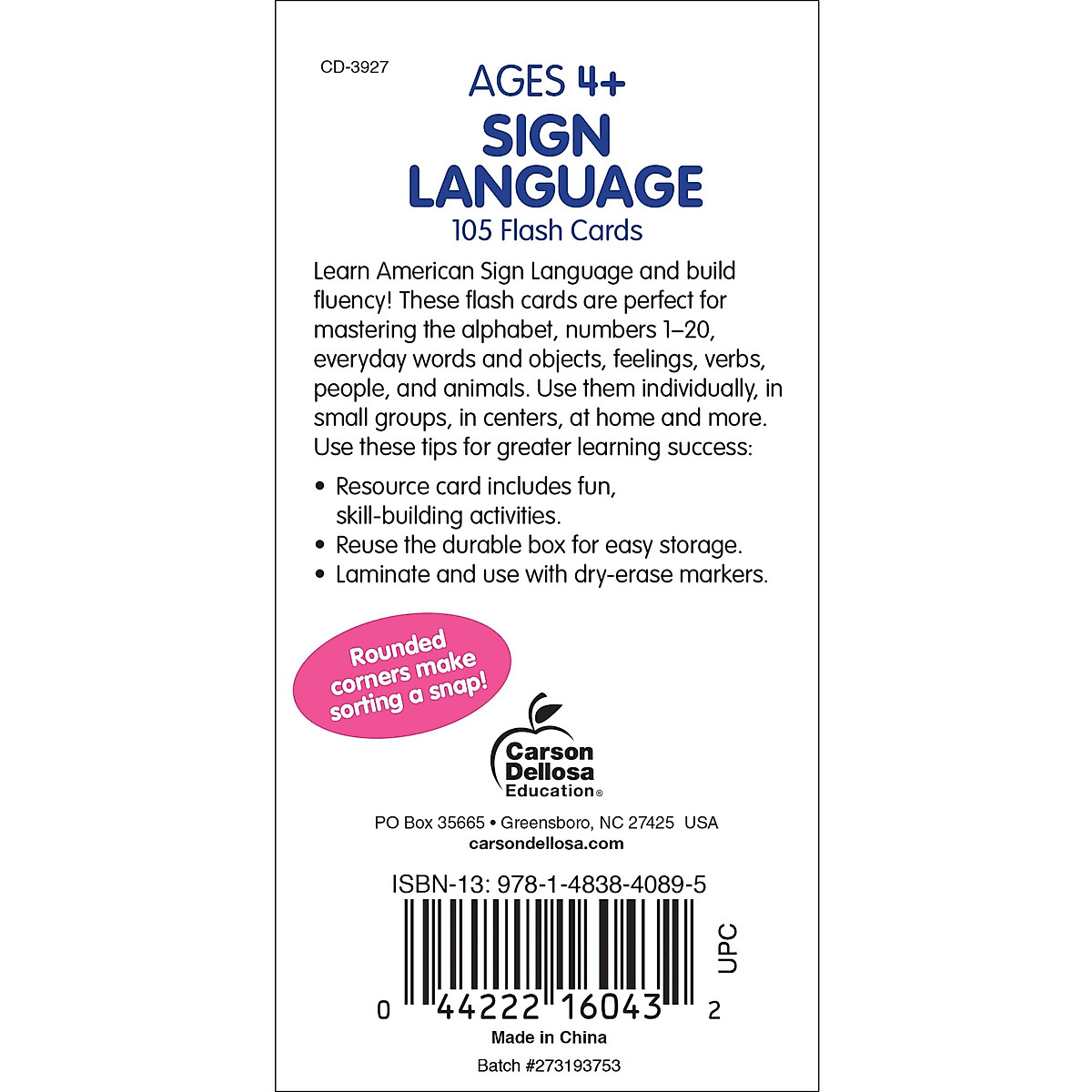 Carson Dellosa 104 American Sign Language Flash Cards for Kids, 122 ASL Signs Flashcards for Beginners and Toddlers Ages 4 and Up With Signing Illustrations