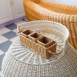 GYASVWU 3 Compartment Wicker Kitchen Flatware Storage Basket Utensil Holder with 3 Removable Storage Cups and Flexible Handles Handmde Baskets for Spoons, Knives, Forks (Wicker)