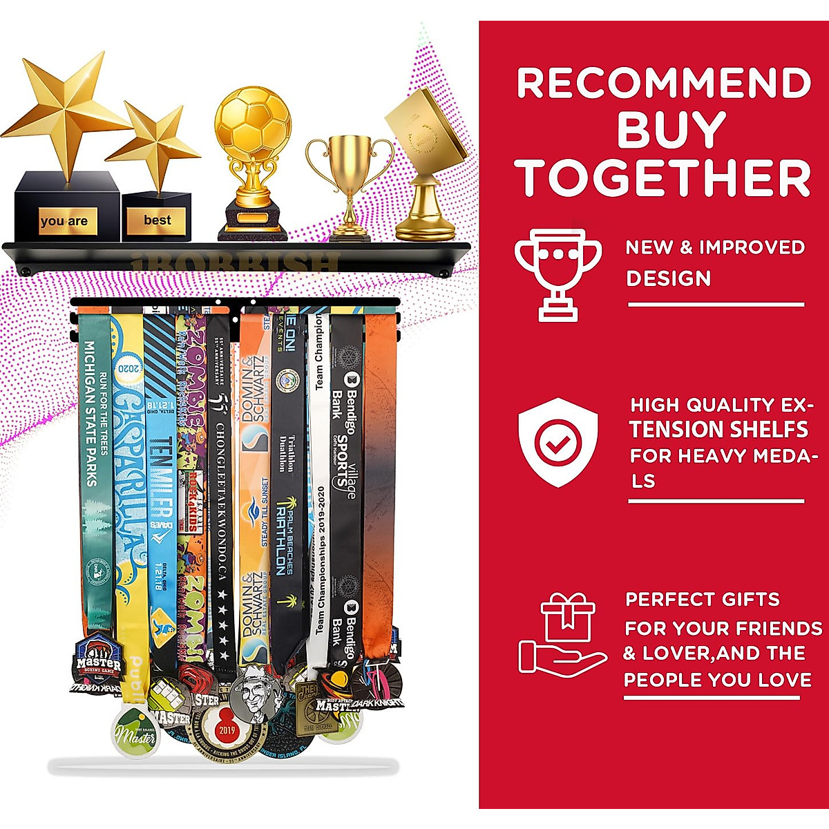 iBobbish Sports Marathon Medal Display hanger Holder Racks Frame in matt black surface Wall Mount Over 40 Medals Upgraded 3 lines with 3 screws Easy to Install Easy to use