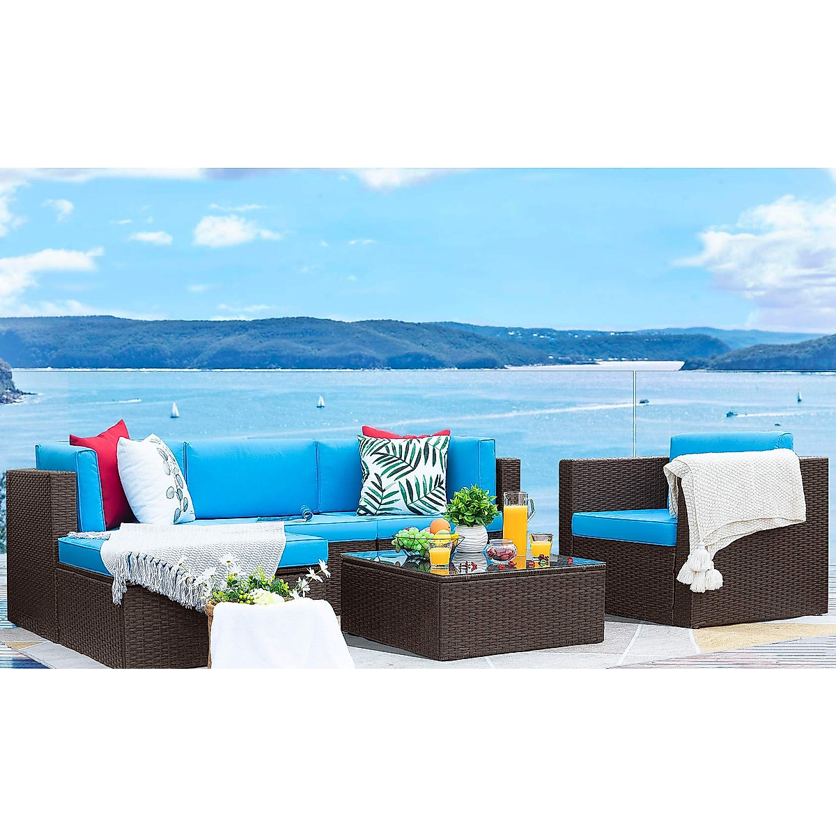 Flamaker 6 Pieces Patio Furniture Set Outdoor Sectional Sofa Outdoor Furniture Set Patio Sofa Set Conversation Set with Cushion and Table (Blue)