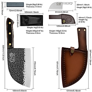 XYJ FULL TANG 7-inch Serbian Butcher Knife Multipurpose Chinese Chef Knives High Carbon Stainless Steel Meat Knives Heavy Duty Blade With Leather Sleeves For Home Outdoor &Camping