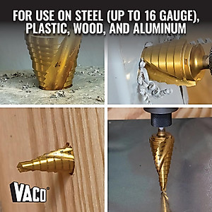 Klein Tools 25963 Step Drill Bit, 1/4 to 3/4-Inch, Spiral Double-Fluted, Cuts Thin Metal, Plastic, Aluminum, Wood, 1/4-Inch Hex Shank, VACO