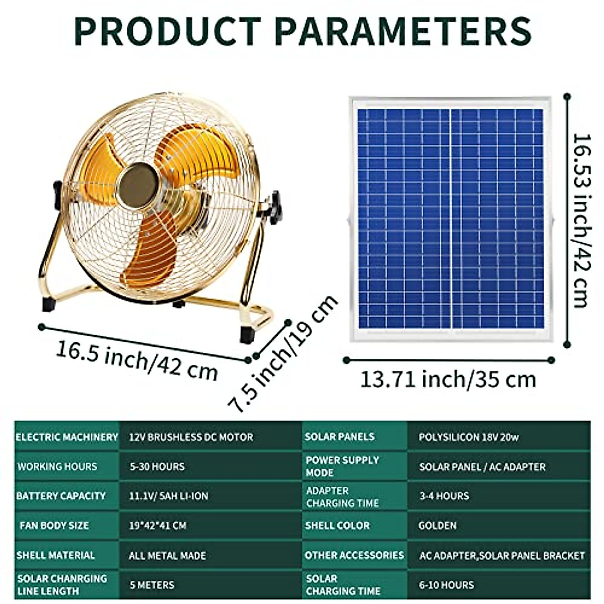 CYBERDAX 14 Inch Portable Golden All Metal Made Table Fan, Wireless Rechargeable Fan with Solar Panel Powered and AC Charger Dual Input for Indoor Housing, Office, Camping, Fishing Outdoors