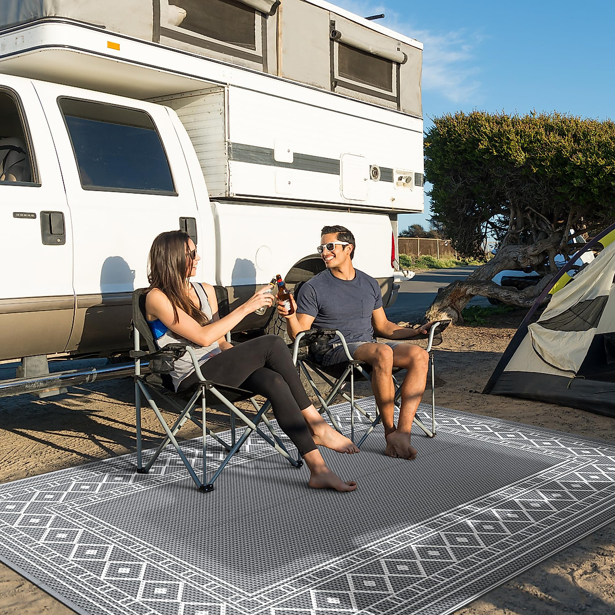 GENIMO Outdoor Rug 6'x9' for Patio Clearance, Reversible Plastic Straw Outdoor Area Carpet Waterproof, Camping Outside Mat for Outdoor Decor, RV, Deck, Camper, Balcony, Picnic, Grey & White