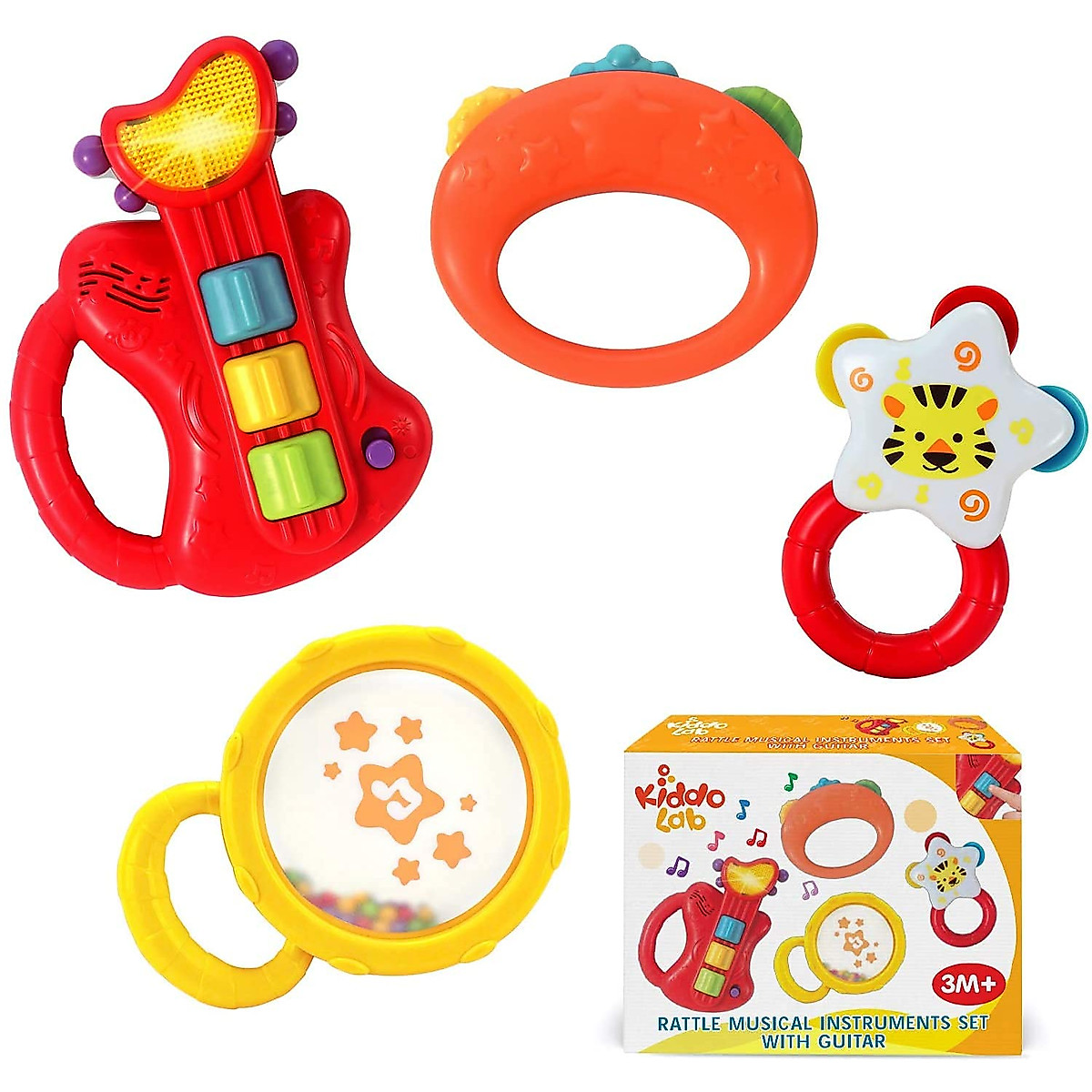 KiddoLab Baby Rocker Musical Kids Guitar Instruments Set with Electric Toy Guitar and Rattles. Baby Guitar Toys for Early Development and Music Educational Learning. 3 Months and Older