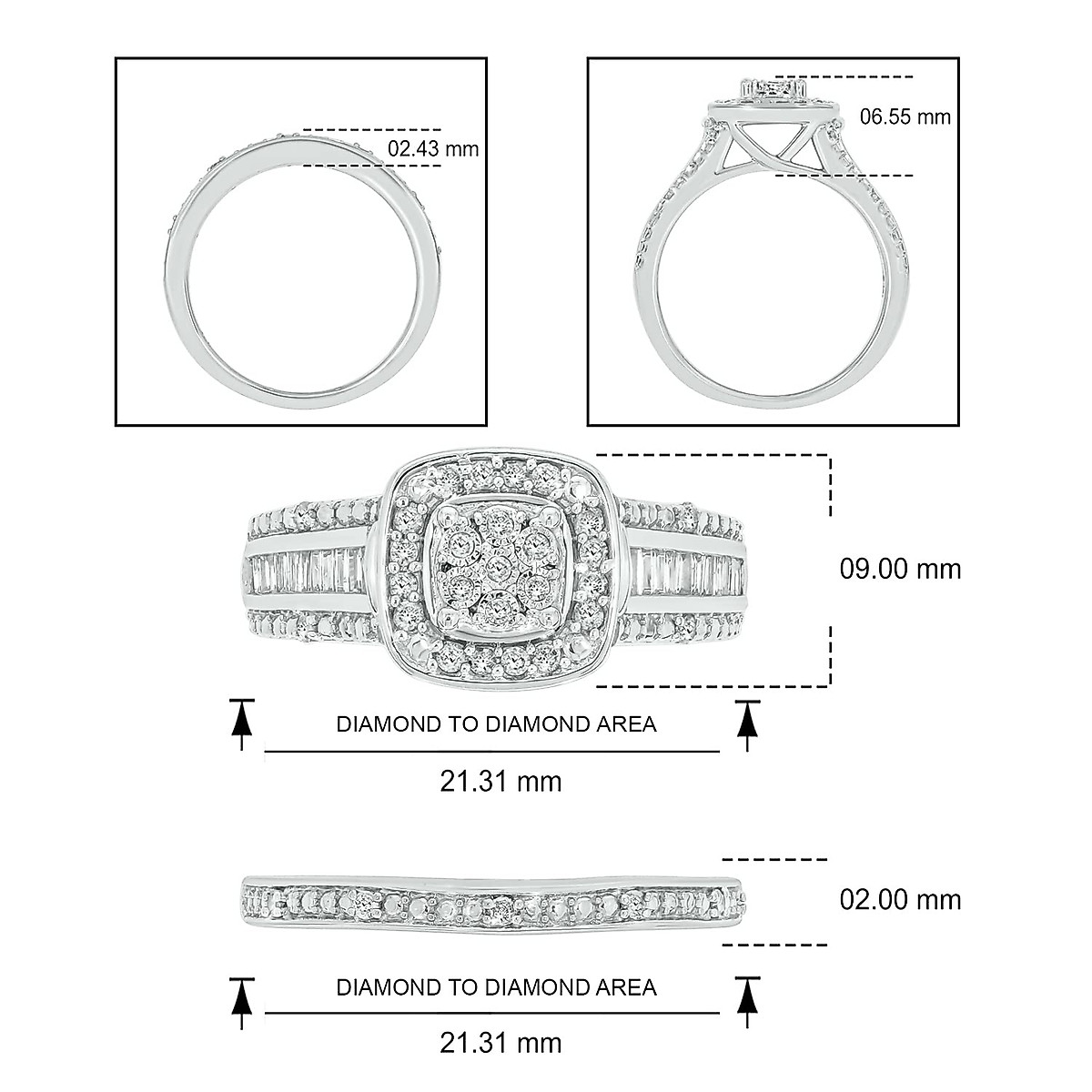 Cali Trove, 1/3cttw Baguette and Diamond Cluster Square Halo Engagement Ring with Matching Diamond Wedding Band for Women in 925 Sterling Silver, Women's Silver Square Halo Wedding Ring Set with