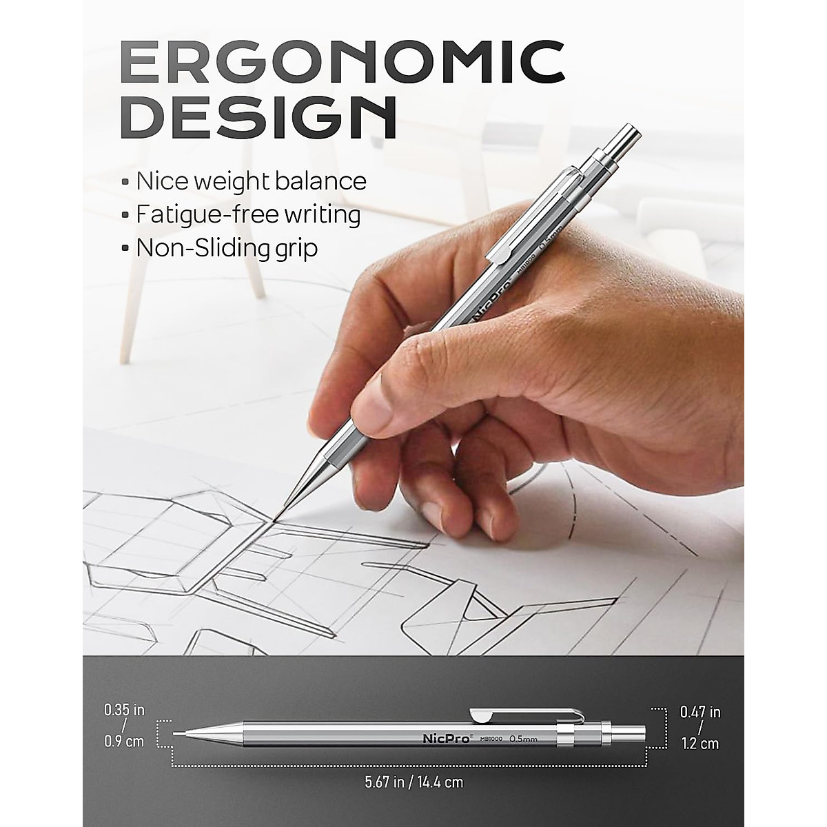 Nicpro 2 PCS 0.5 mm Metal Mechanical Pencils Set, Drafting Pencil for Artist Writing, Sketching, Drawing, with 4 Tubes HB Lead Refill & Erasers, Erasers Refills & Storage Case