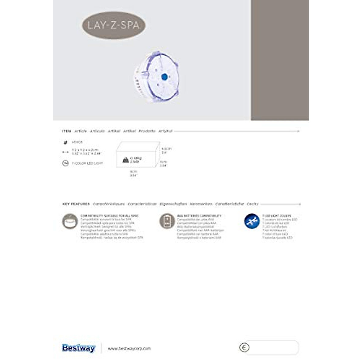 Lay-Z-Spa LED Light Accessory for Hot Tubs, 7 Colour Underwater Light (2 Modes)