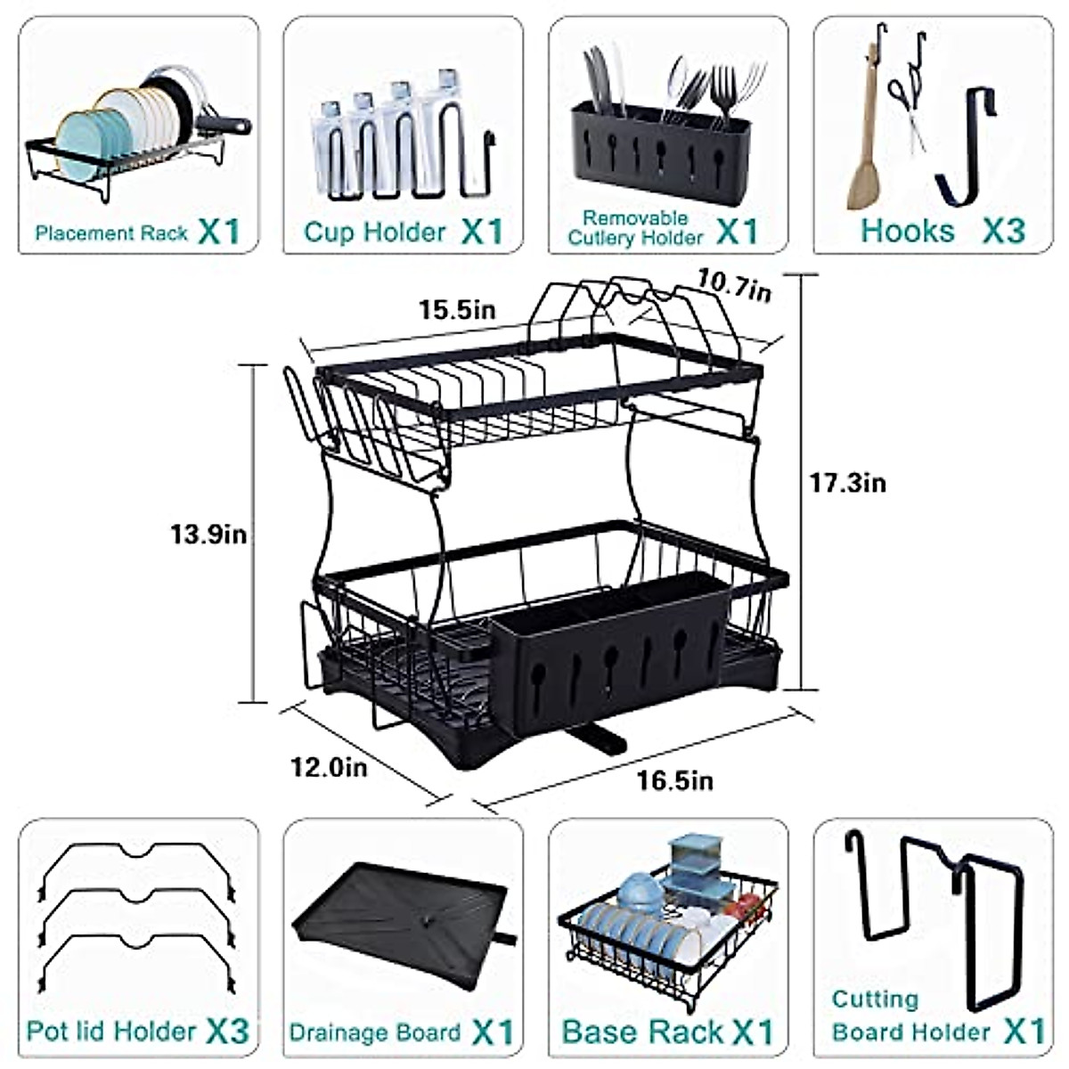 Large Dish Drying Rack with Drainboard, 2 Tier Dish Drainers with Controllable Drainage for Kitchen Counter, with Pot lid Holder, Utensil Holder, Cup Holder, Cutting Board Holder and Extra Hooks