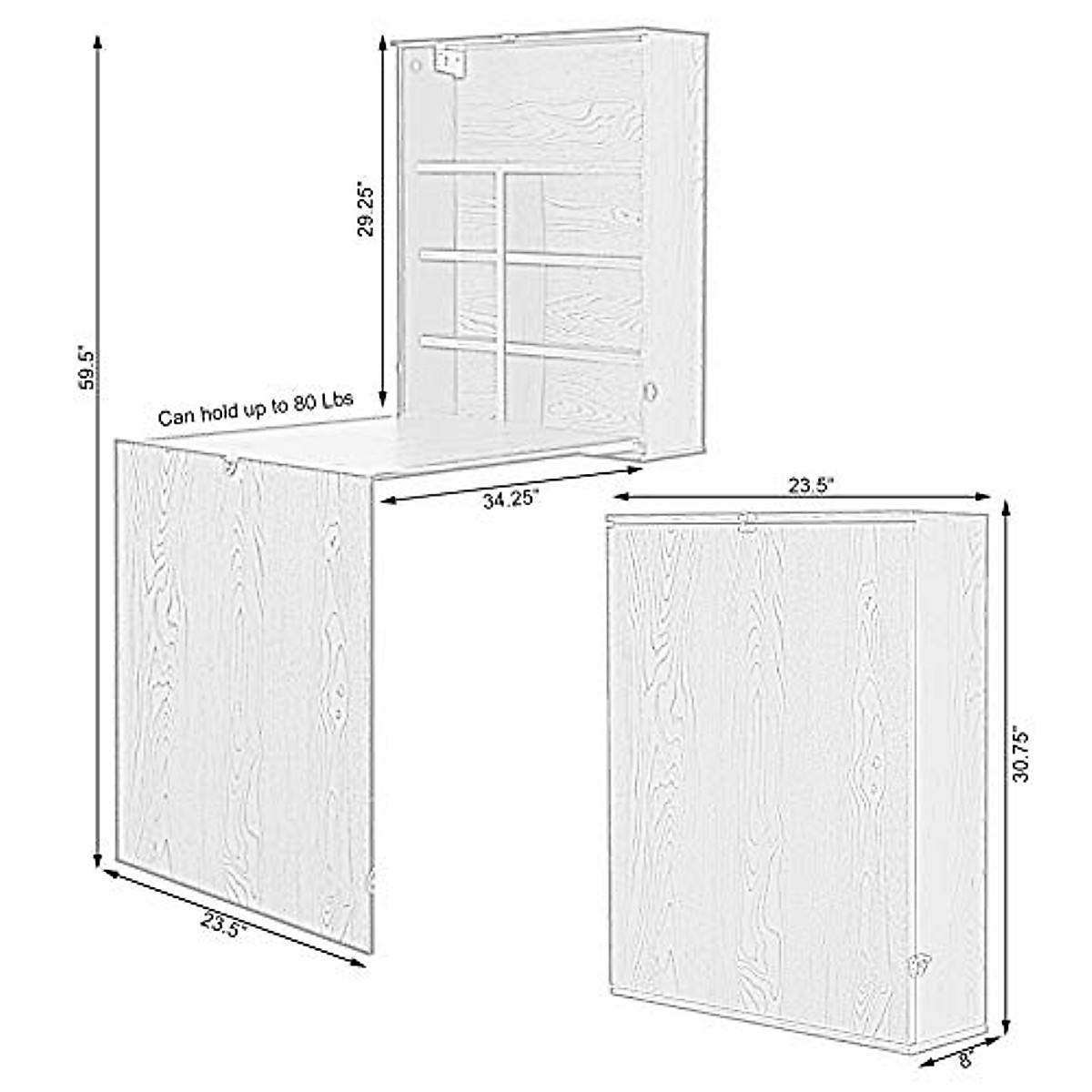 Basicwise Wall Mount Laptop Fold-Out Desk with Shelves, Brown,