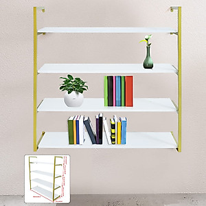 Wall Mounted Floating Shelves 4 Tier Wood Wall Shelves Bookshelf with Golden Metal Brackets-White Wood Shelves Set for Living Room Office Bedroom Kitchen