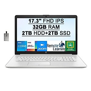 HP 2022 17.3" FHD Laptop Computer, 11th Gen Intel Core i5-1135G7 (Quad-Core), 32GB RAM, 2TB HDD+2TB SSD, Backlit Keyboard, Intel Iris Xe Graphics, HD Webcam, Win 10, Silver, 32GB SnowBell USB Card