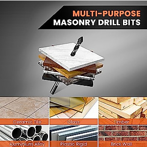 KENDO 10PCS Multi-Purpose Masonry Drill Bits Set,1/8 to 1/2" Concrete Drill Bit Set,Carbide Tipped for Glass, Tile, Plastic, Cement, Concrete, Granite, Wall, Iron Sheet, Brick, Wood etc
