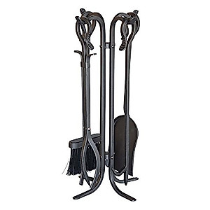 Plow & Hearth 5 Piece Hand Forged Iron Compact Fireplace Tool Set | Poker | Tongs | Shovel | Broom | Hearth Accessory| Black Finish | 10.25" x 20"H