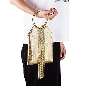 Wrist Handle Cocktail Party Wedding Evening Clutch Crystal Rhinestone Tassels Tote Handbag Metal Mesh Evening Bag