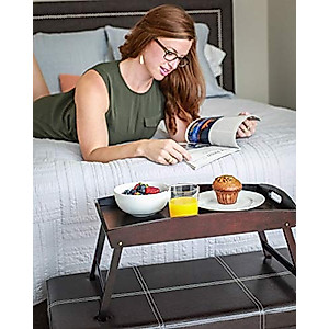 BirdRock Home Bamboo Bed Tray - Wooden Curved Sides Breakfast Serving Tray with Folding Legs - Walnut