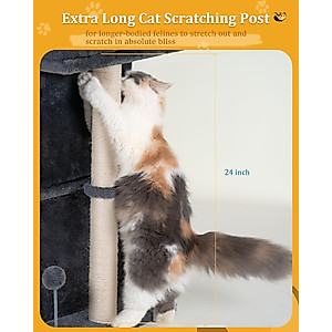 Aechonow Cat Tree for Large Cat, 19 * 16.5In Large Cat Perch, Adult Cat Tower for Indoor Cats with 24In Long Scratching Post, 2 Cozy Cat Condo House for Adult & Fat Cats, Dark Gray