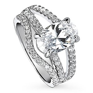 BERRICLE Sterling Silver Solitaire Wedding Engagement Rings 2.7 Carat Oval Cut Cubic Zirconia CZ Split Shank Ring Set for Women, Rhodium Plated Size 7
