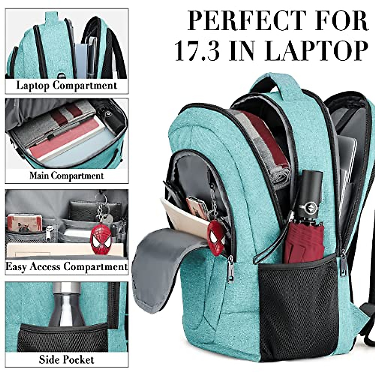 BIKROD Teal Backpack for Women and Men, Extra Large School Backpacks for Teens, Water Resistant Back Pack with USB Charging Port Fits 17 Inch Laptop, Business Anti Theft Durable Computer Bag Gifts