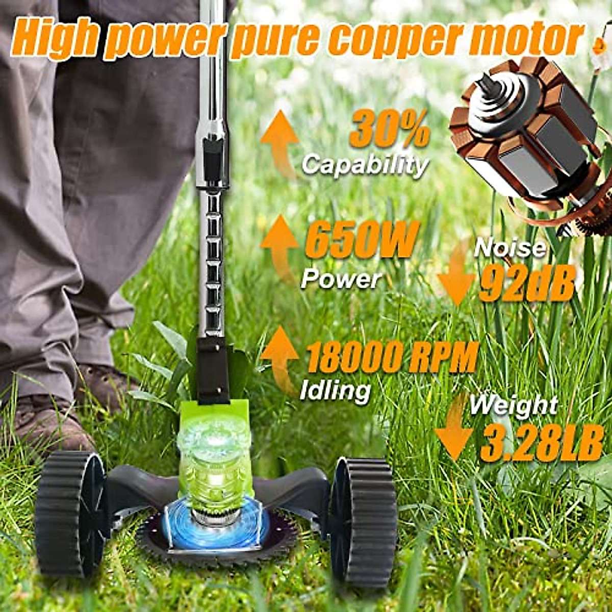 Cordless Weed Eater Battery Powered Weed Wacker 21V Electric Grass Trimmer Edger Lawn Tool, 2Pcs 2.0Ah Battery Operated Weed Trimmer Brush Cutter, Lightweight Wheeled No String Trimmer for Garden&Yard