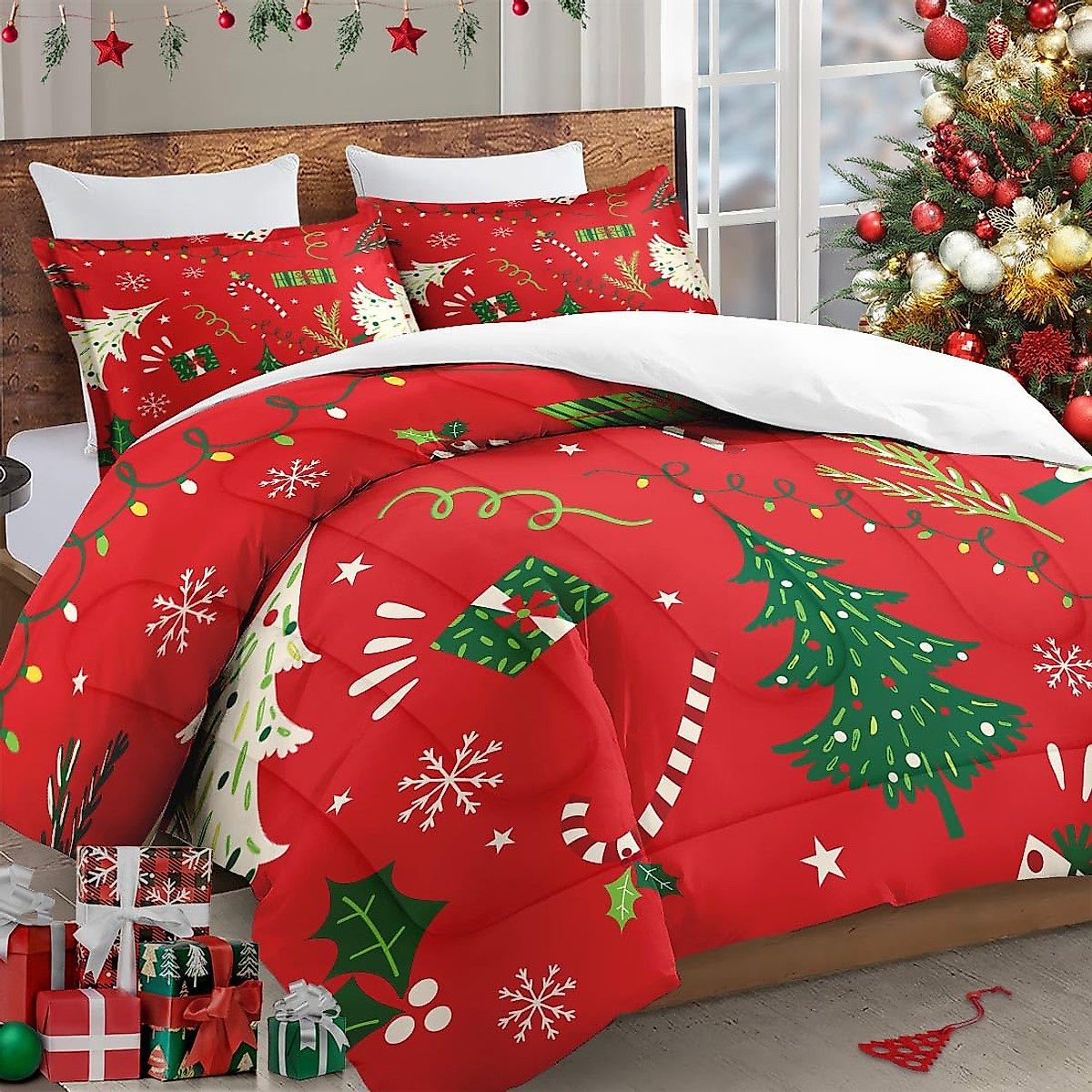 WeCozy Twin Size Comforter Set with Pillowcase, Red Merry Christmas Green Tree Soft 2 Pcs Bedding Set for Kids and Adults Bedroom Bed Decor