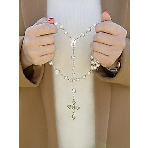 Nazareth Store Pink Pearl Beads Rosary White Flowers Beaded Necklace Lourdes Medal & Cross Crucifix