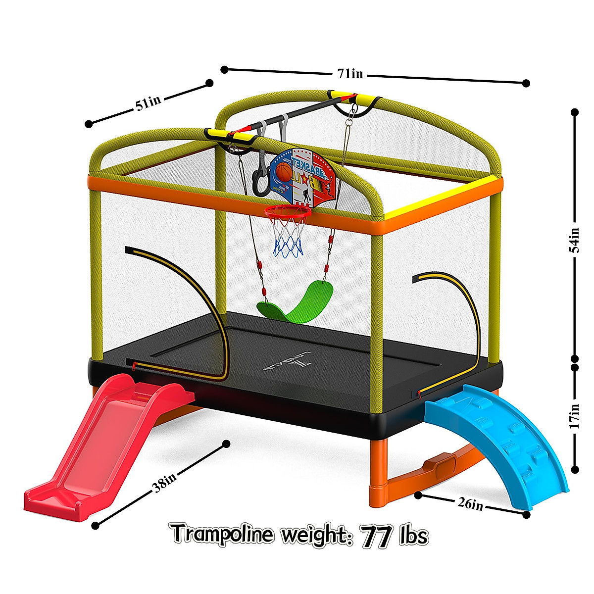 USPOINT 6.5ft Climb Slide Swing 7-in-1 Mini Rectangular Trampoline for Kids | Birthday Gift for Girls and Boys, Indoor Outdoor Toddler's Trampoline with Safety Net Enclosure, Padding, Zipper