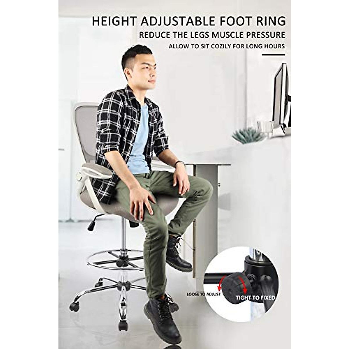 HYLONE Drafting Chair, Tall Office Chair Standing Desk Stool with Adjustable Foot Ring, Flip-Up Arms, Mesh High-Back Drafting Table Chair, Grey