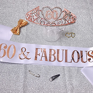 SKJIAYEE 60th Birthday Party Sash and Tiara Kits-60th ‘FABULOUS’ White Sash and Glitter Rose Gold Crown and Birthday Balloons for Women Birthday Party Decorations Supplies