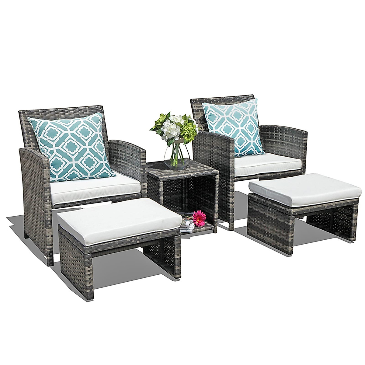OC Orange-Casual 5 Piece Patio Furniture Set, Wicker Outdoor Conversation Chair and Ottoman Set with Coffee Table, Pillows Included, for Balcony, Porch, Deck, White