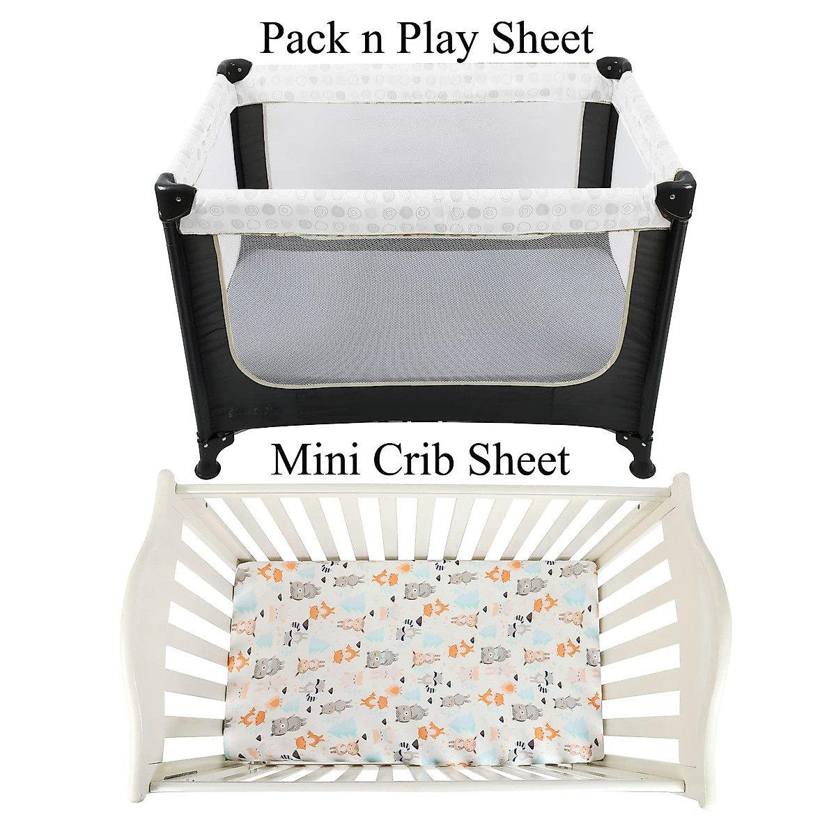 Tontukatu Pack n Play Sheet Stretchy Fitted Portable Mini Crib Sheets Set 3 Pack,Playard Sheets Convertible Playard Mattress Cover,Ultra Soft Jersey Material,Elephant Tiger,Fox & Grey