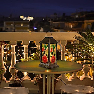 Solar Lanterns Outdoor Hanging Light - Solar Powered Glass Lantern Outdoor Waterproof Garden Light with Hummingbird and Flower Pattern Table Patio Yard Pathway Decor Christmas Gift
