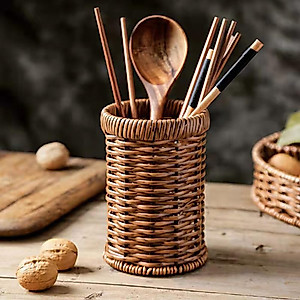 Didiseaon Silverware Utensil Holder Organizer Countertop Flatware Holder Woven Storage Basket Woven Cutlery Organizer Countertop Utensil Basket Imitation Rattan Basket Iron Chopsticks